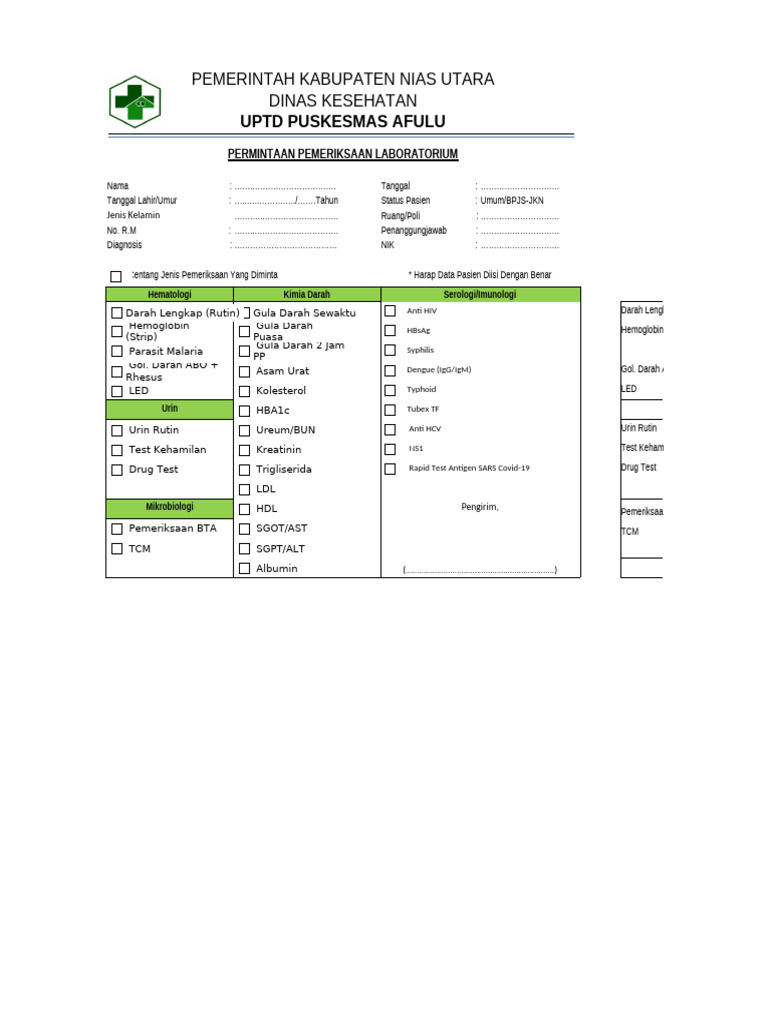 Permintaan Pemeriksaan Laboratorium Puskesmas | PDF