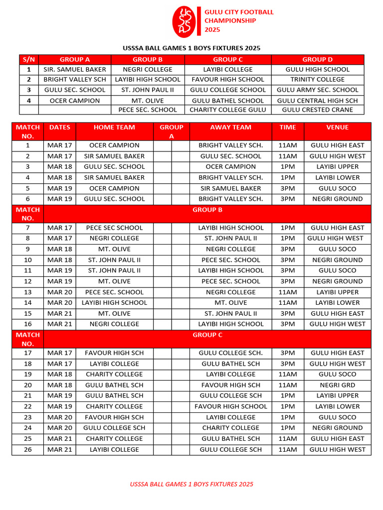 Boys Fixtures Usssa Games 2025 | PDF | Sports | Sports Competitions
