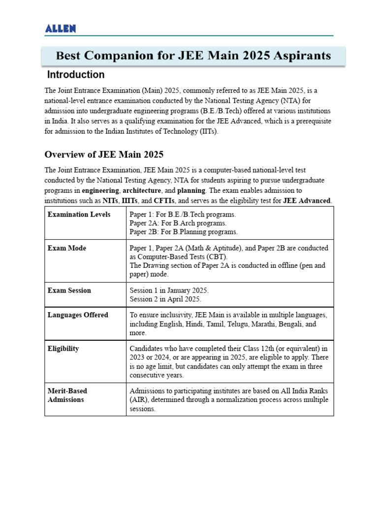 JEE Main 2025 Exam Overview and Guide | PDF