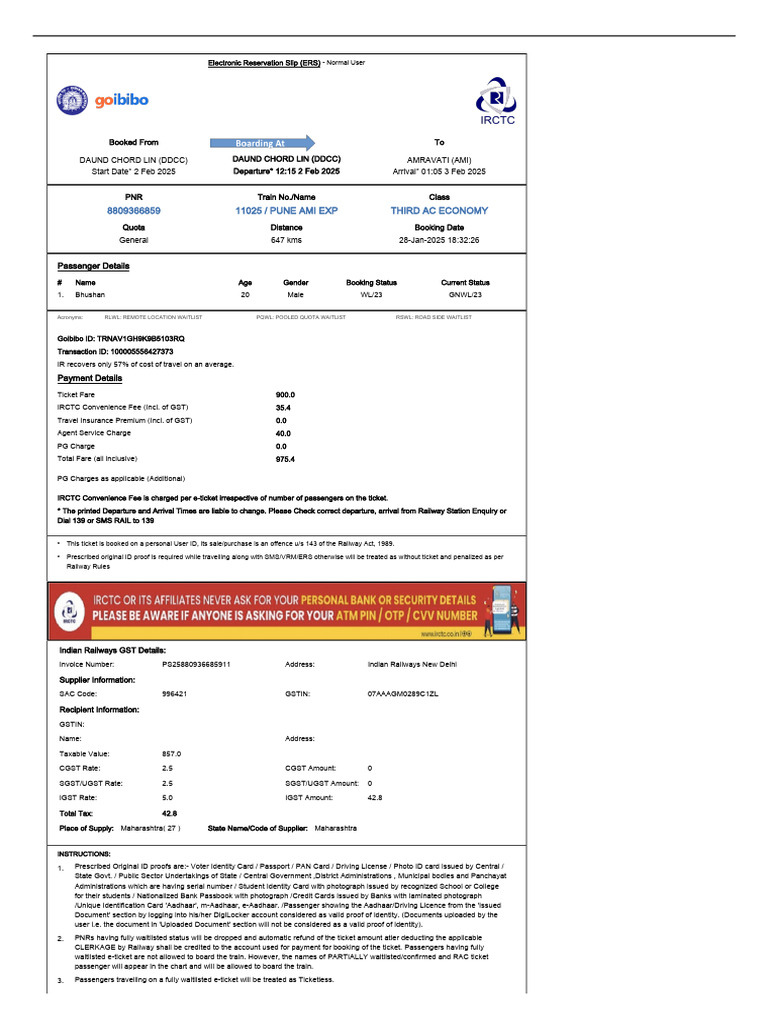 DAUND CHORD LIN Train Booking Details | PDF | Identity Document
