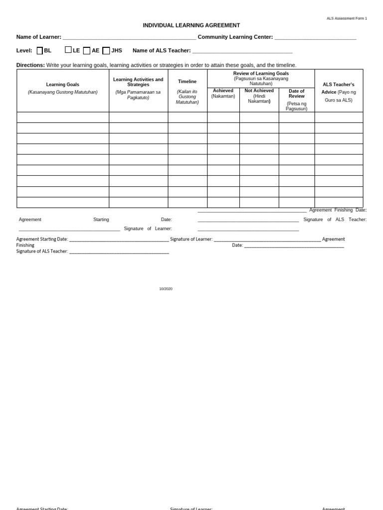 ALS Individual Learning Agreement Form | PDF | Learning