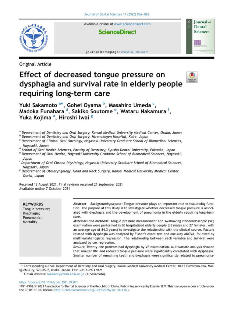 Effect of Decreased Tongue Pressure On Dysphagia and Survival Rate in ...