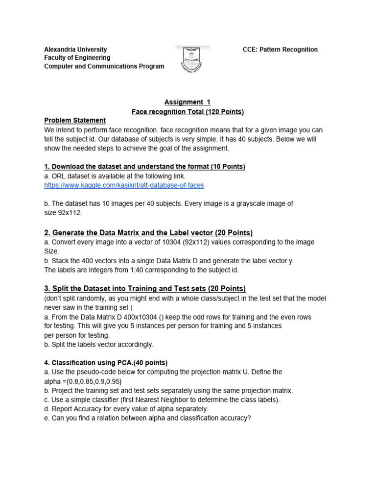 Assignment 1 Face Recognition Updated Pdf Statistical