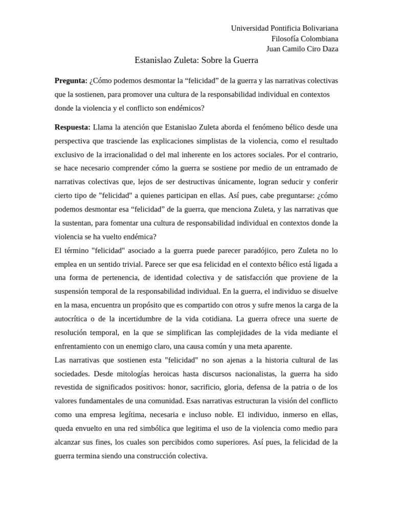 Respuesta Estanislao Zuleta | PDF | Violencia | Felicidad