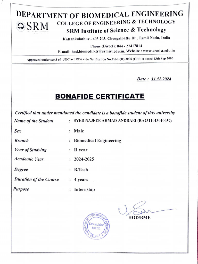 Bonafide Certificate for Biomedical Student | PDF