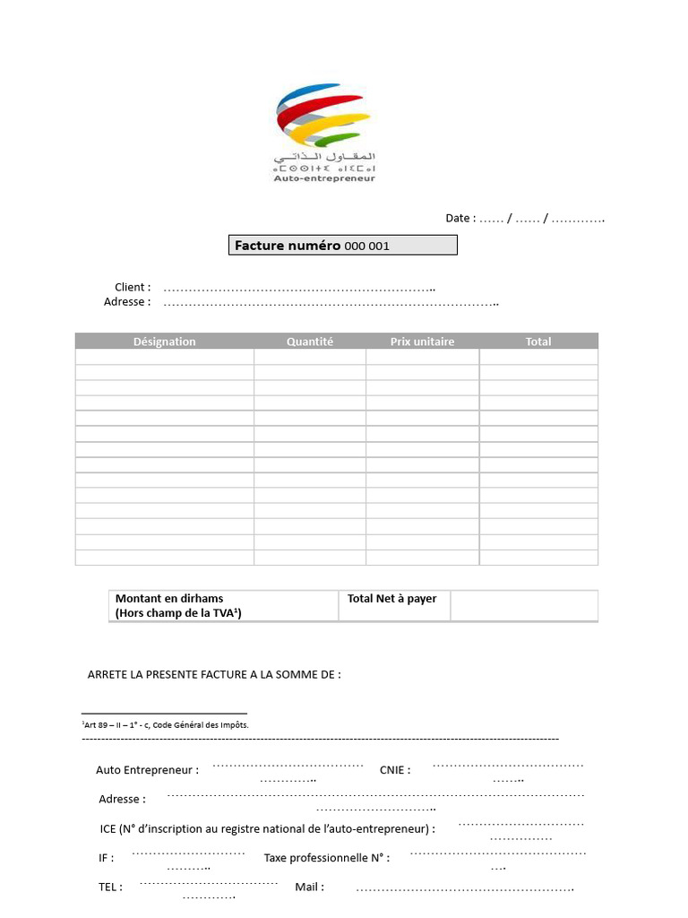 Modèle Facture Auto Entrepreneur | PDF