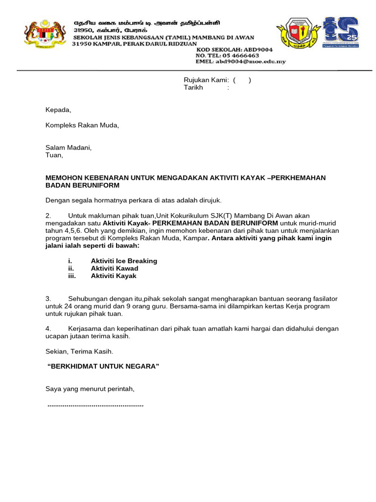 SURAT - PERMOHONAN - Aktiviti Kayak | PDF