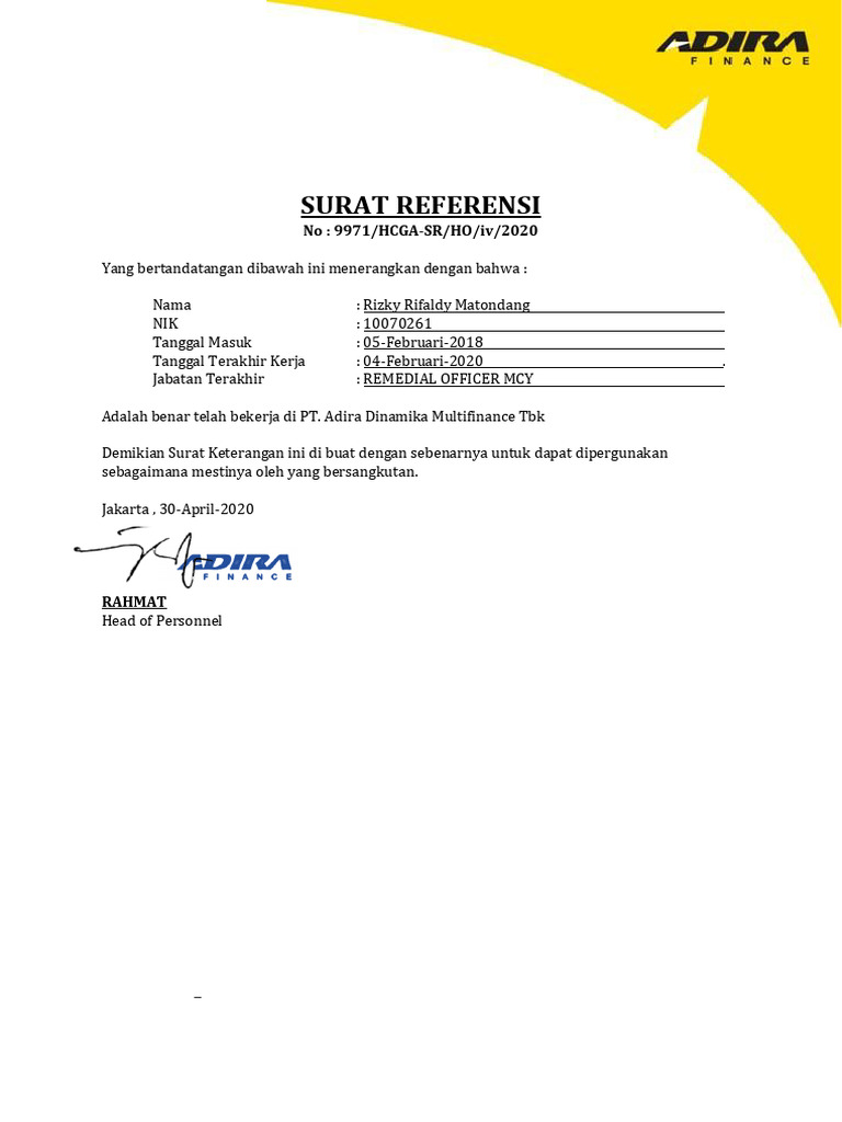 Paklaring Pt. Adira - Rizky | PDF