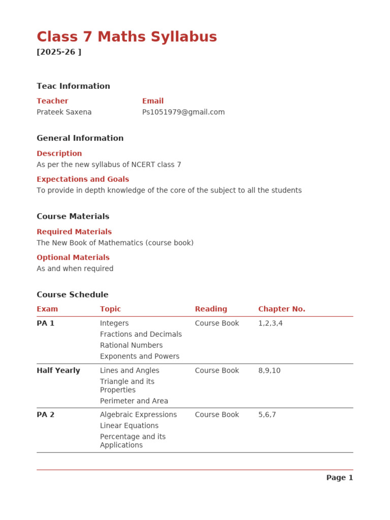Class 7 Maths Syllabus 2025-26 | PDF
