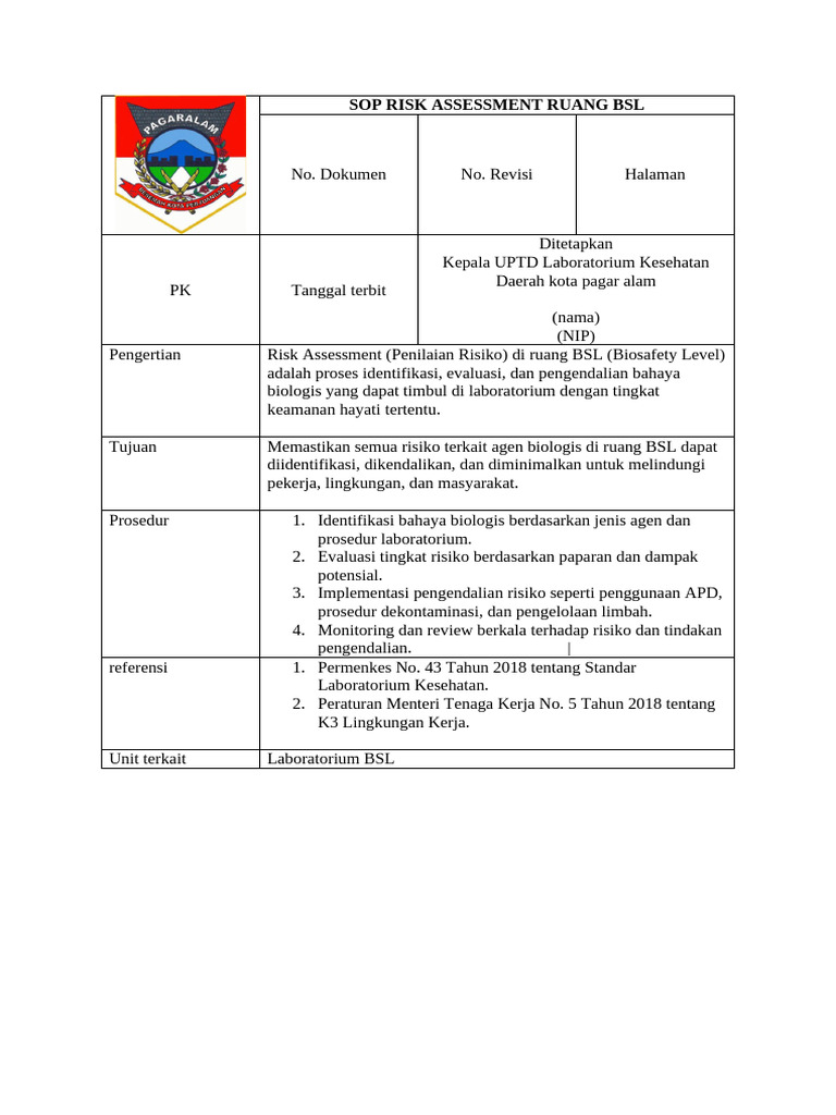 Sop Risk Assessment Ruang BSL | PDF