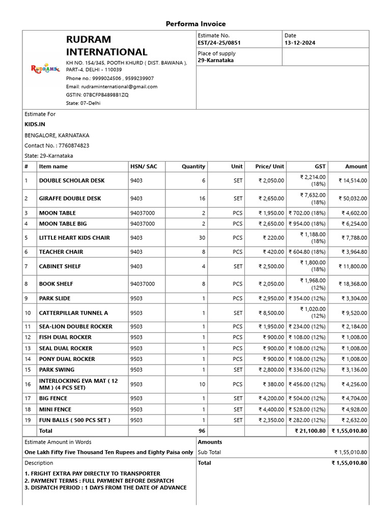 Performa Invoice_EST 24-25 0851_13_12_24 | PDF | Rupee | Currency