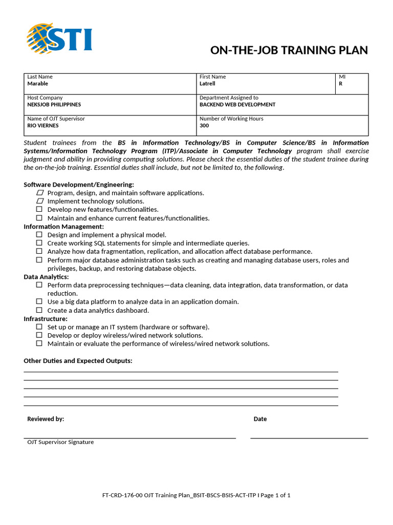 FT CRD 176 00 OJT Training Plan - BSIT BSCS BSIS ACT ITP | PDF ...