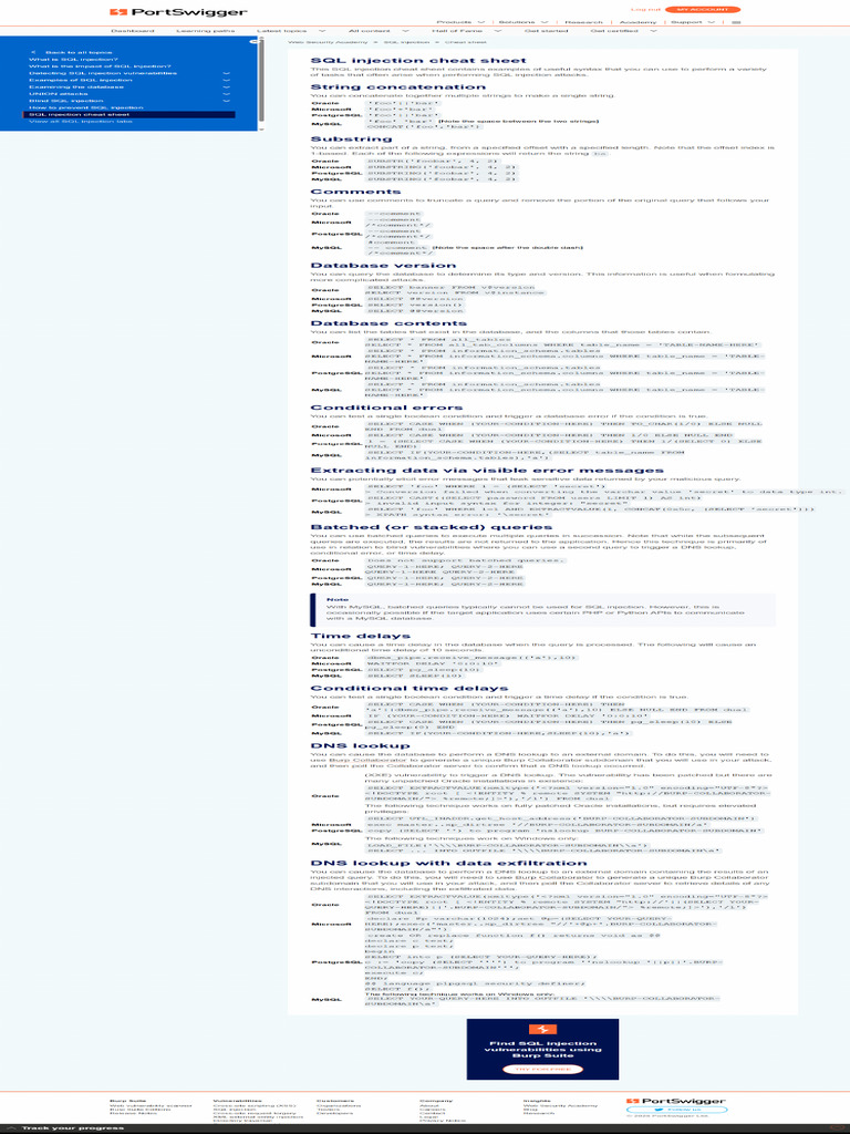 SQL Injection Cheat Sheet Web Security Academy | PDF