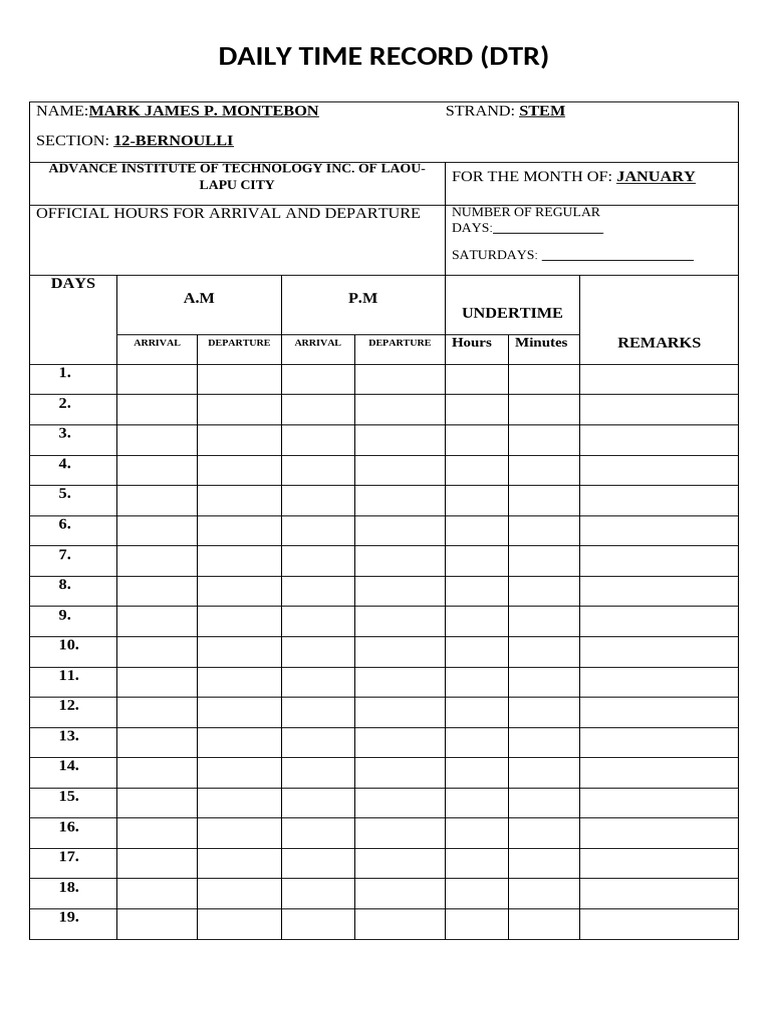 Daily Time Record Template for Students | PDF