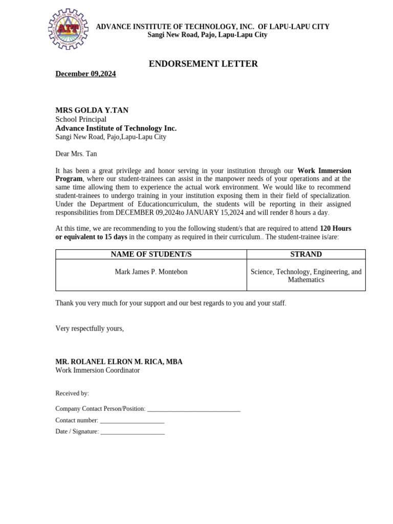 Endorsement Letter for Abm Stem Humss Only 24 25 | PDF