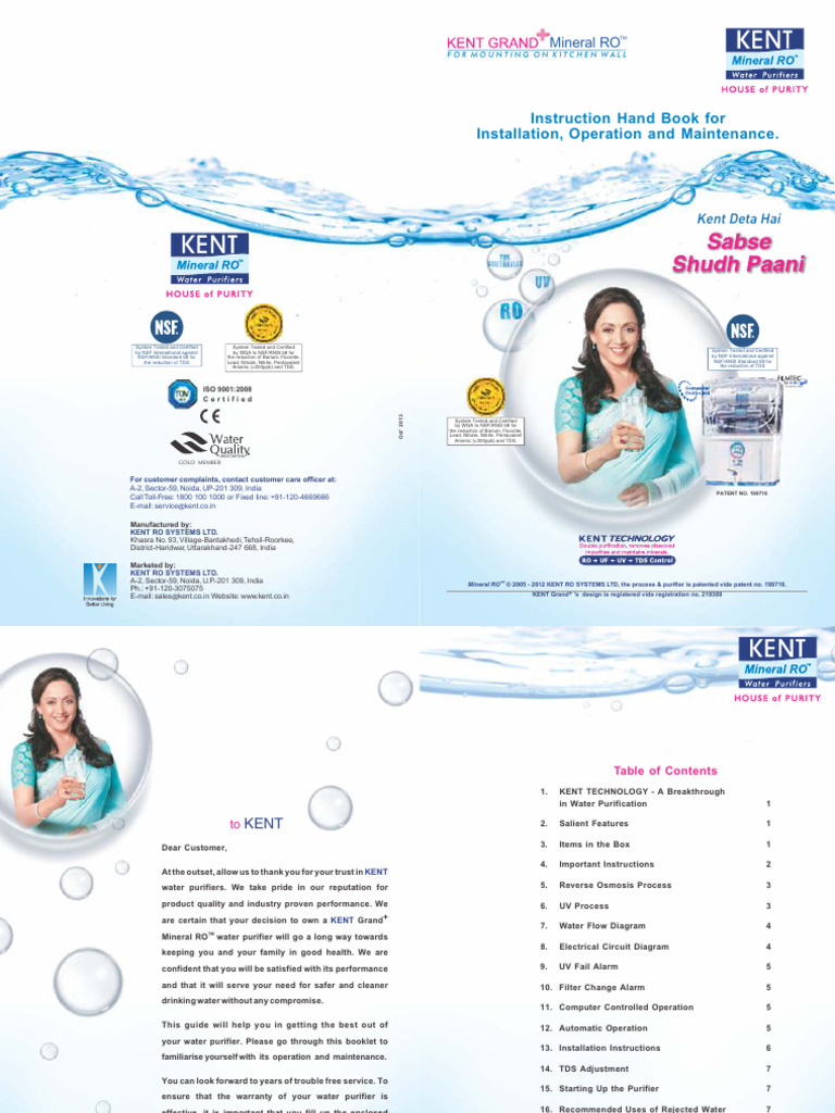 KENT Grand Plus RO System Manual | PDF | Chemical Substances