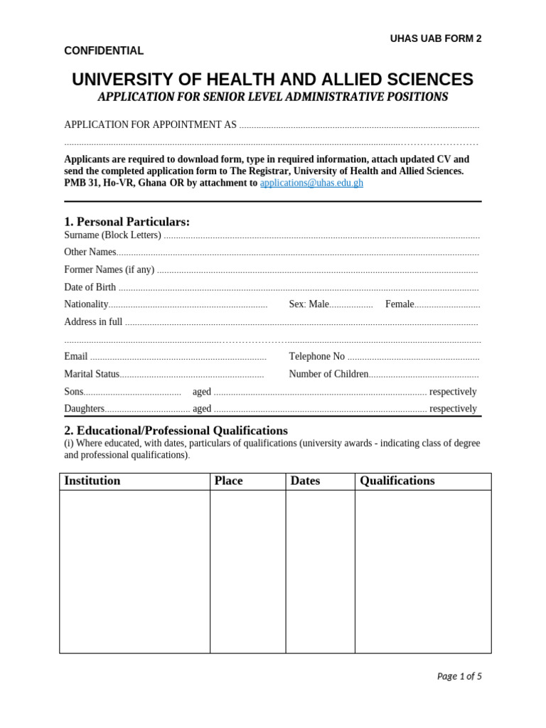 UHAS Senior Admin Position Application Form | PDF