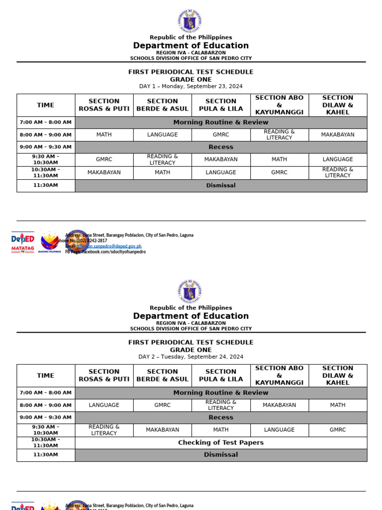 First Periodical Test Schedule Grade One | PDF