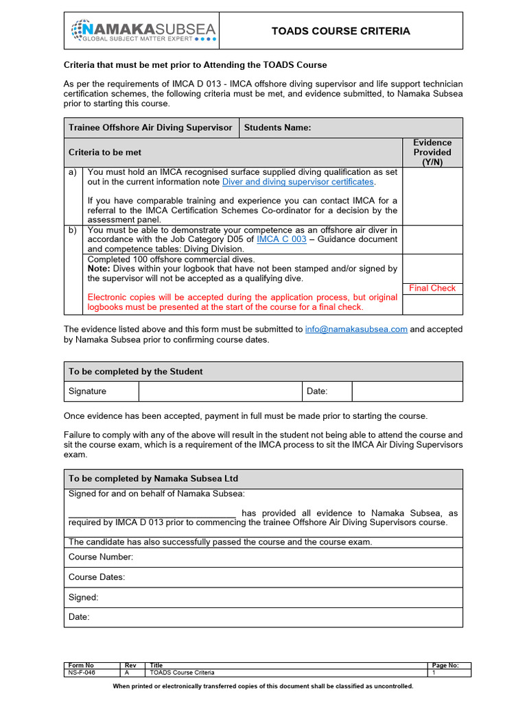 IMCA Course Criteria for Divers | PDF | Underwater Diving ...