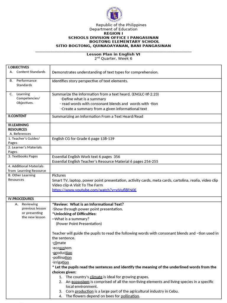 COT1_Lesson Plan in English VI | PDF | Plants | Natural Environment