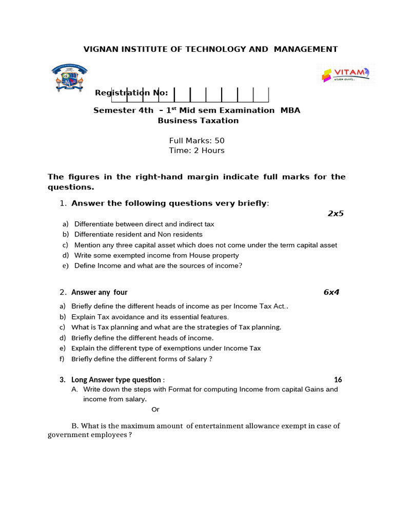 MBA Business Taxation Exam Guide | PDF