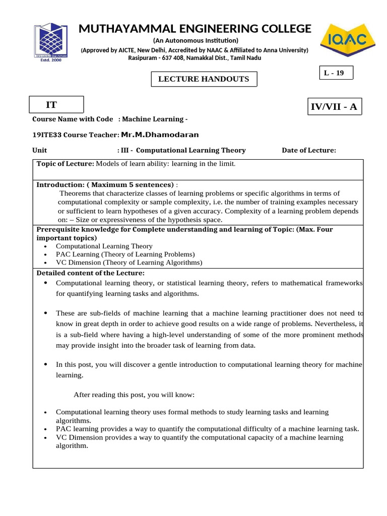 6.3.unit-3 ML Handout | PDF | Machine Learning | Theory