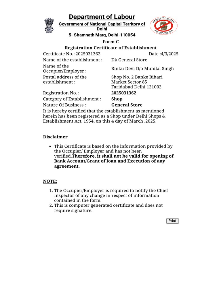 Shop Registration Certificate for Dk Store | PDF