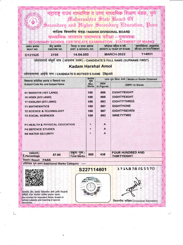 10th Marksheet Examination Results 2022 | PDF