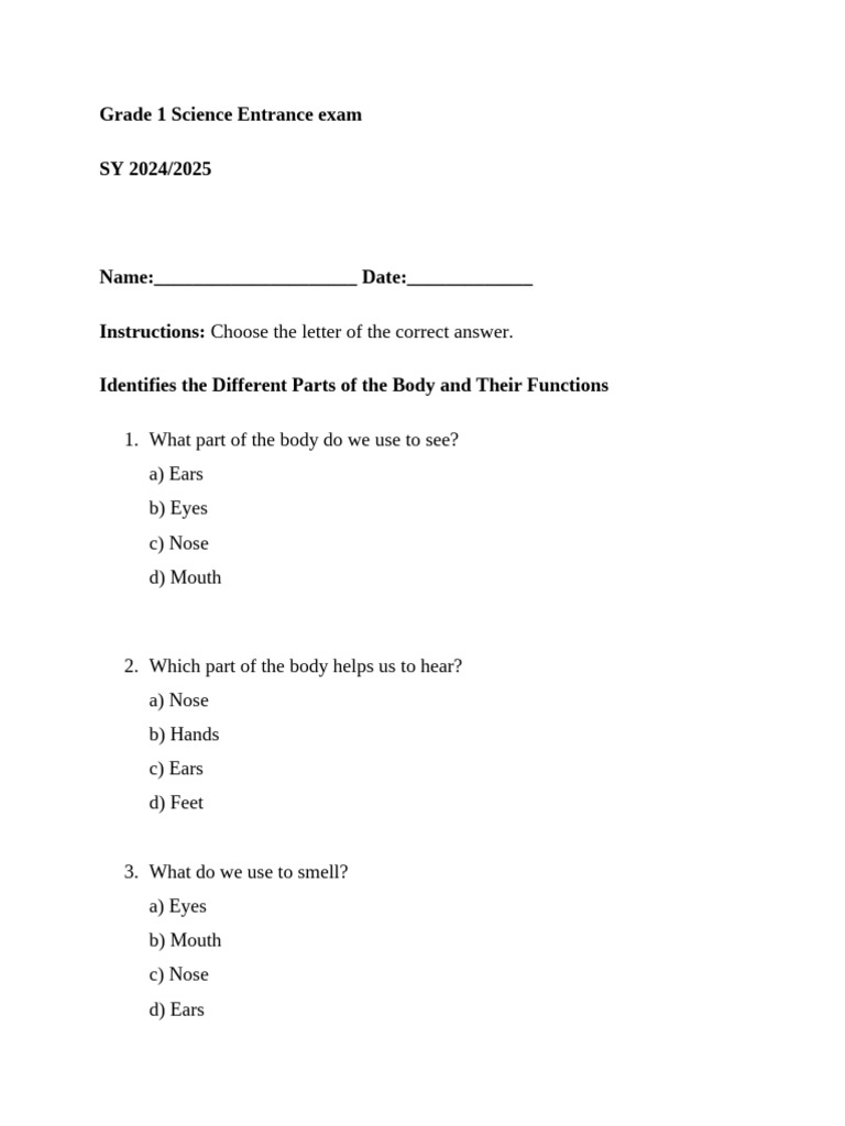 Grade 1 Science Exam: Body Parts & Senses | PDF | Senses | Taste
