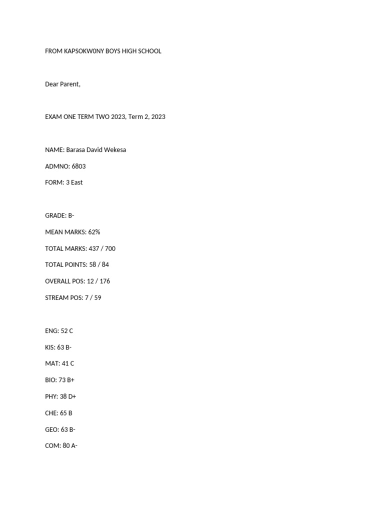 Term 2 Exam Results for Barasa David | PDF