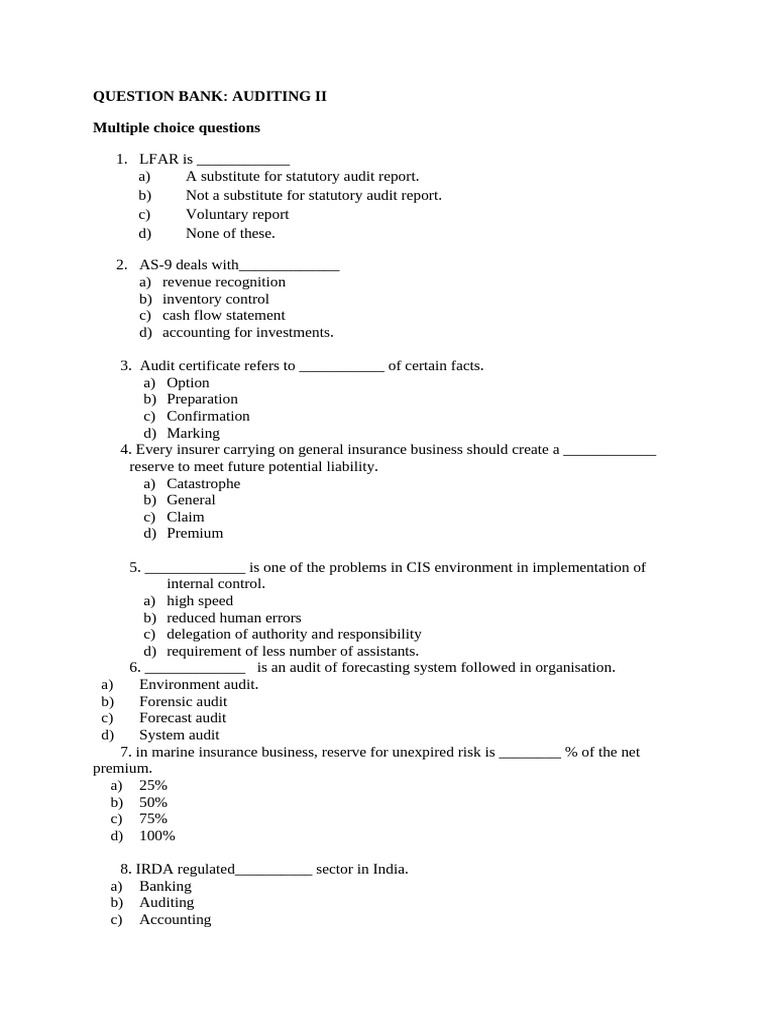 Auditing II Question Bank | PDF | Audit | Insurance