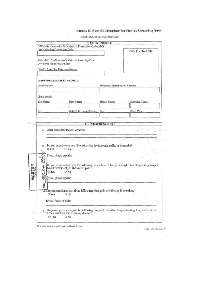 Sample Health Screening and Assessment Form | PDF