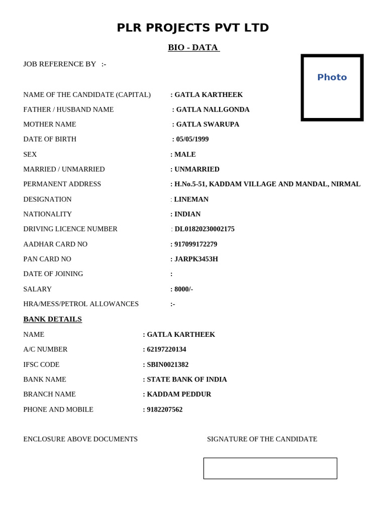 Gatla Kartheek Bio Data for PLR Projects | PDF