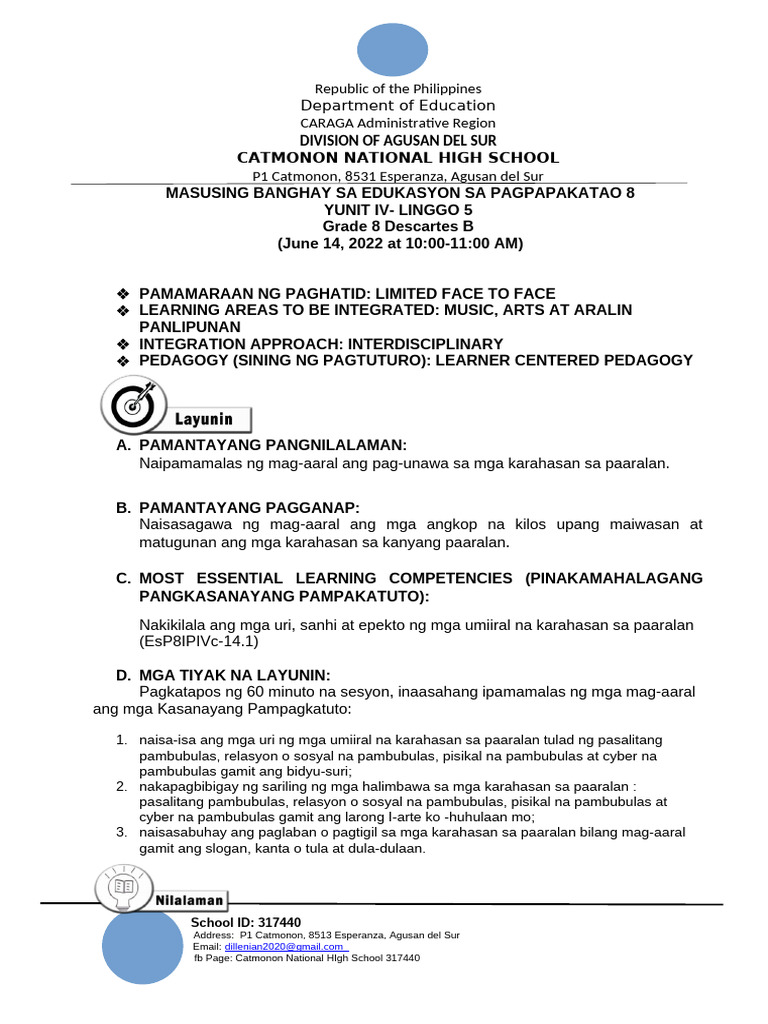 ESP 8 Lesson Plan With Annotation Final Mga Karahasan Sa Paaralan | PDF