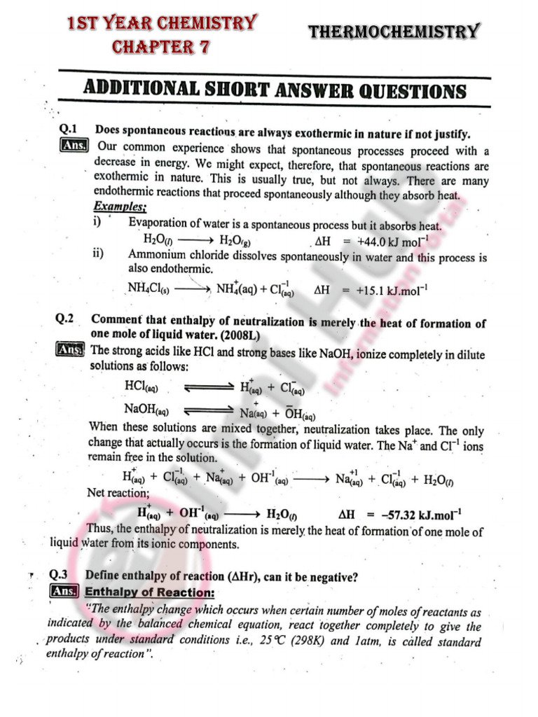 Chemistry Chapter 7 Short Questions | PDF