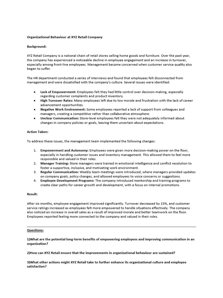 Organizational Behaviour at XYZ Retail Company | PDF | Empowerment | Retail