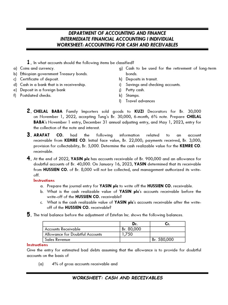Cash and Receivables Worksheet | PDF | Bad Debt | Expense