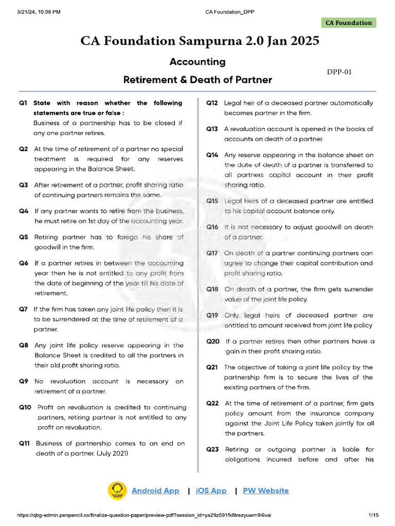 Retirement & Death of Partner - DPP 01 (Of Full Chapter) | PDF