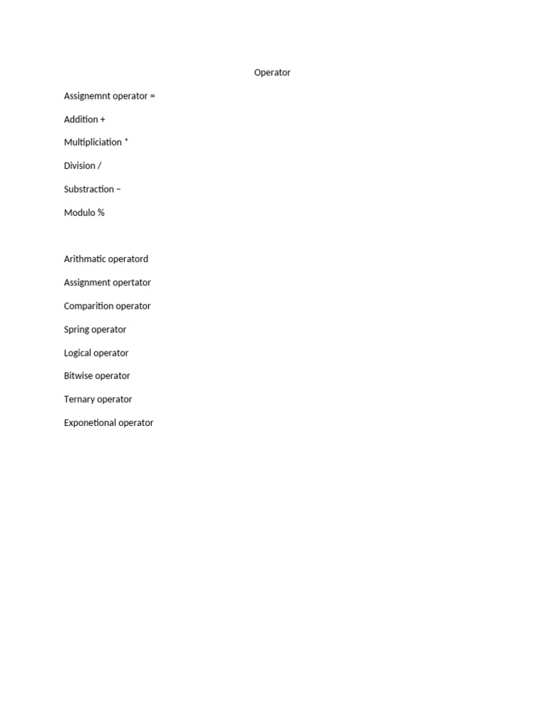 Operator Assignemnt Operator Addition + Multipliciation Division ...