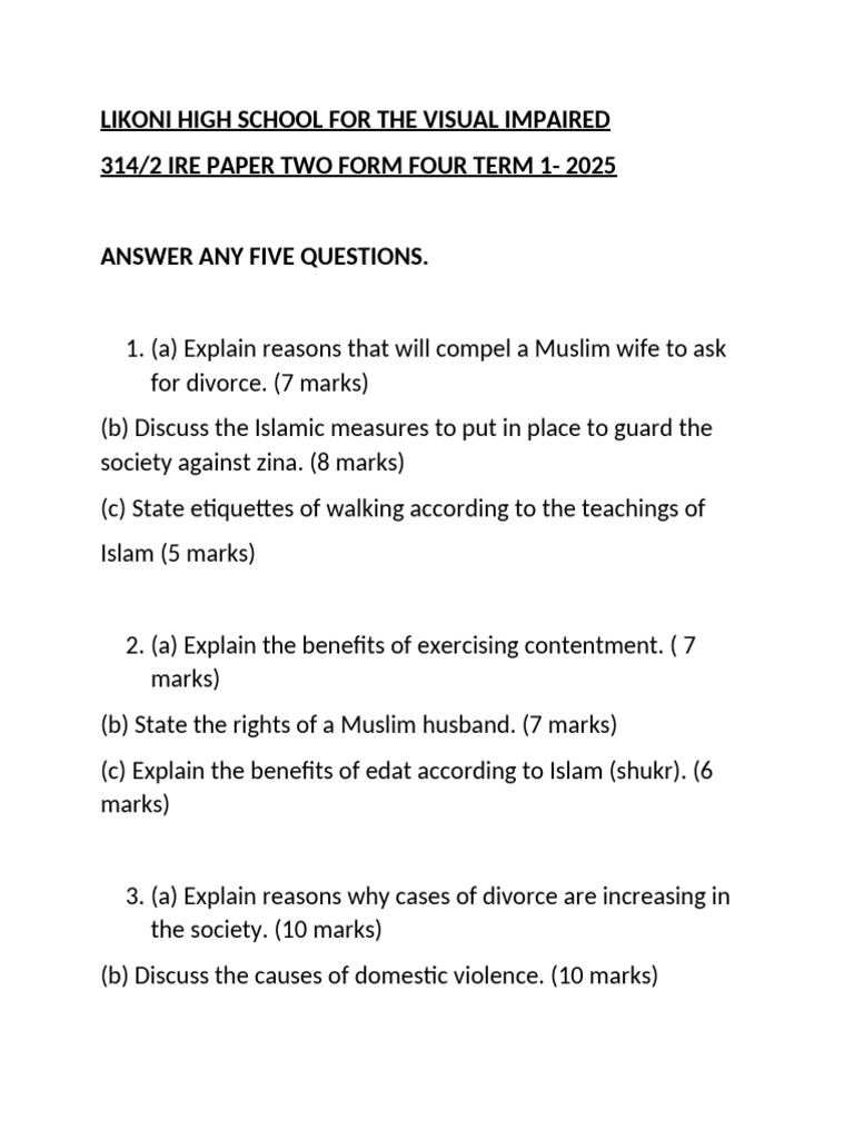 Likon I High School For The Visual Impaired 314/2 Ire Paper Two Form ...