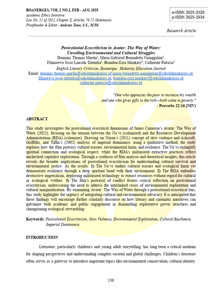 Postcolonial Ecocriticism in Avatar: The Way of Water: Unveiling ...