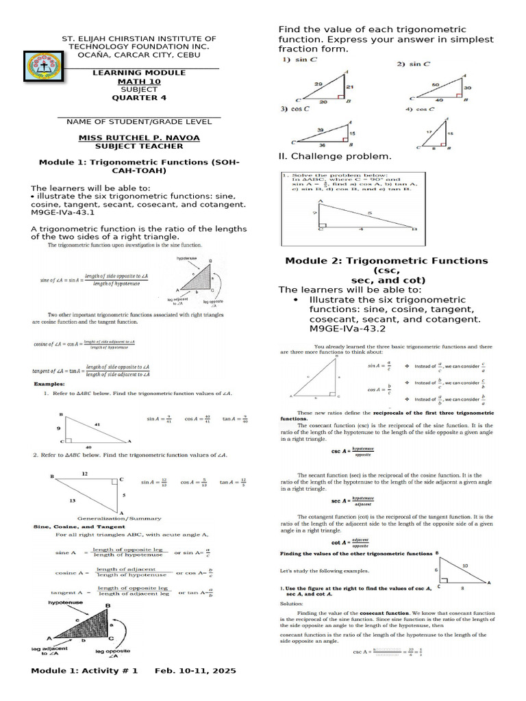 Math 9 Module For 2 Weeks | PDF | Trigonometric Functions | Elementary Geometry