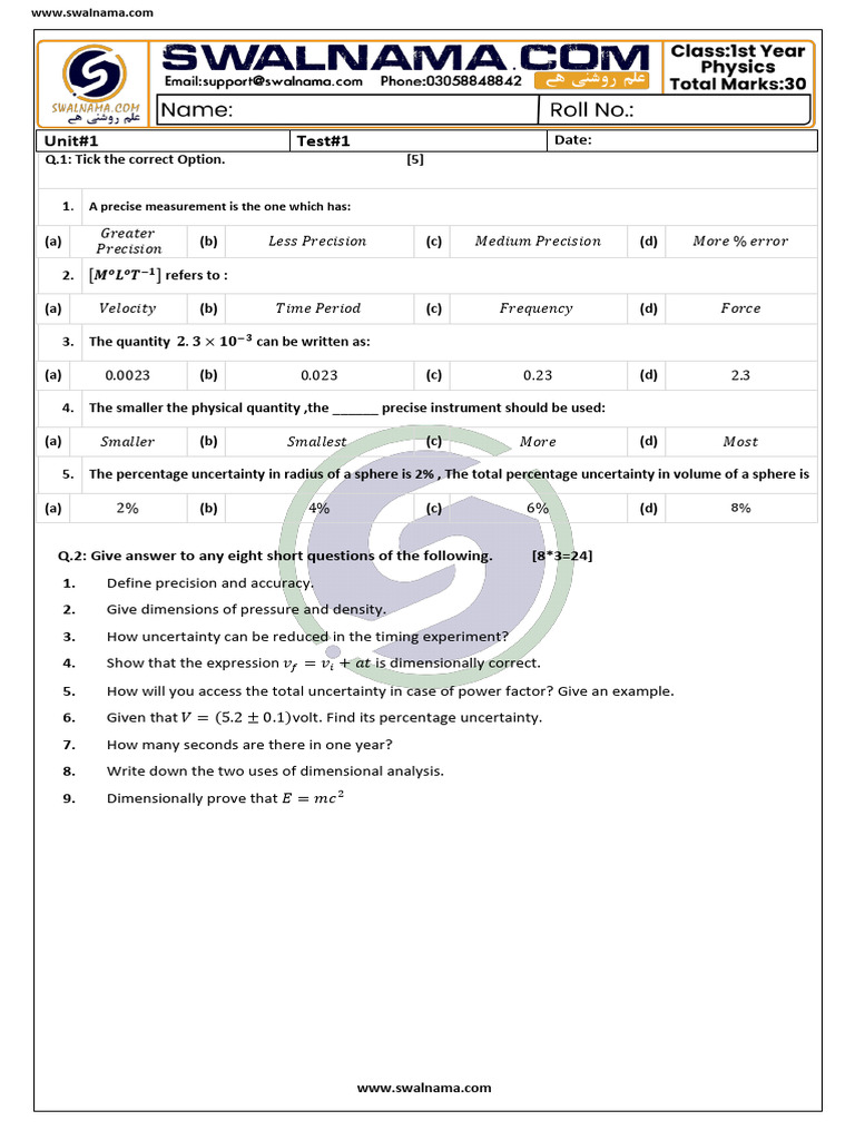 T1 Chapter Wise Test Physics Chapter 1 1st Year | PDF