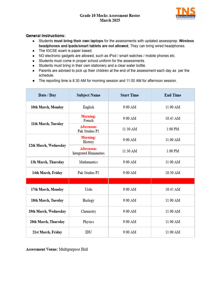 Grade 10 March 25 Mock Assessment Roster | PDF