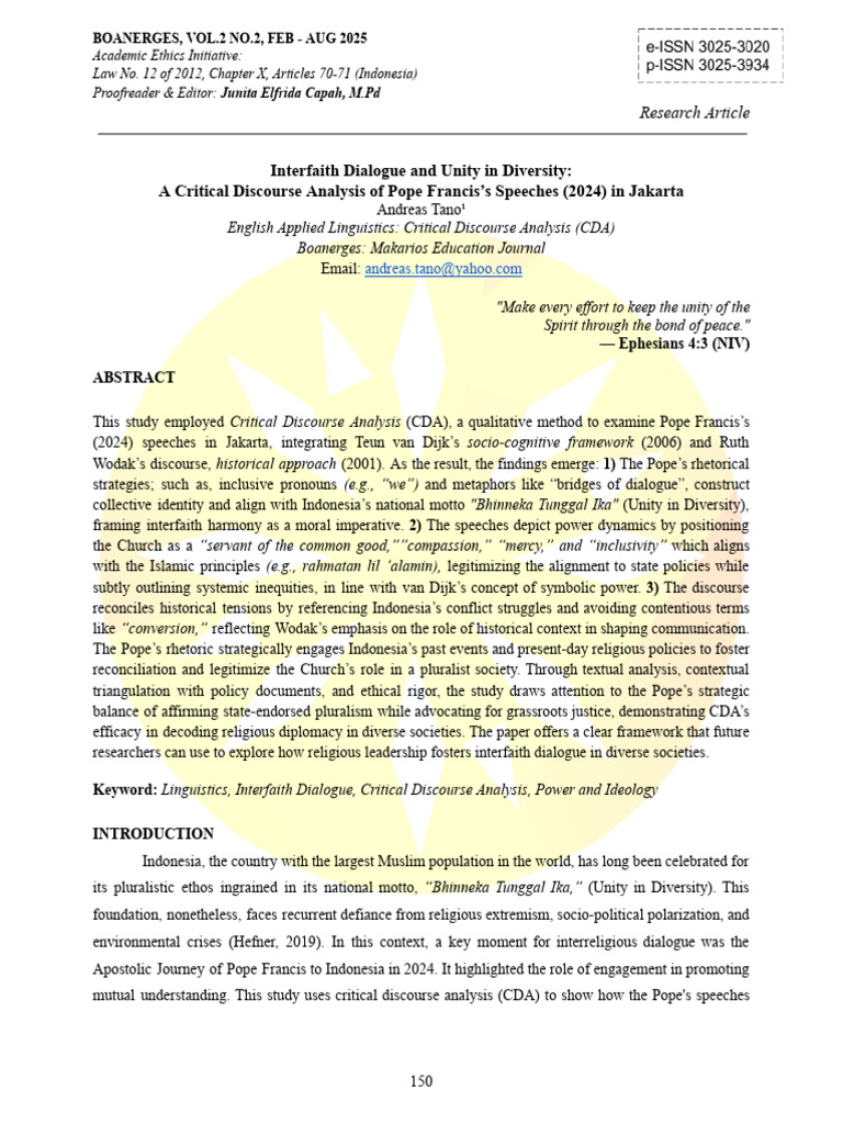 Interfaith Dialogue and Unity in Diversity: A Critical Discourse ...