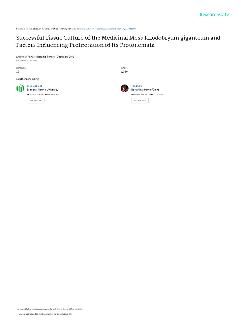 Successful Tissue Culture of The Medicinal Moss Rhodobryum Giganteum ...