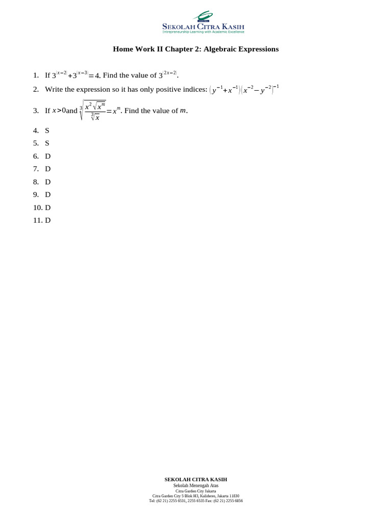 Home Work II Chapter 1- Algebraic Expressions | PDF