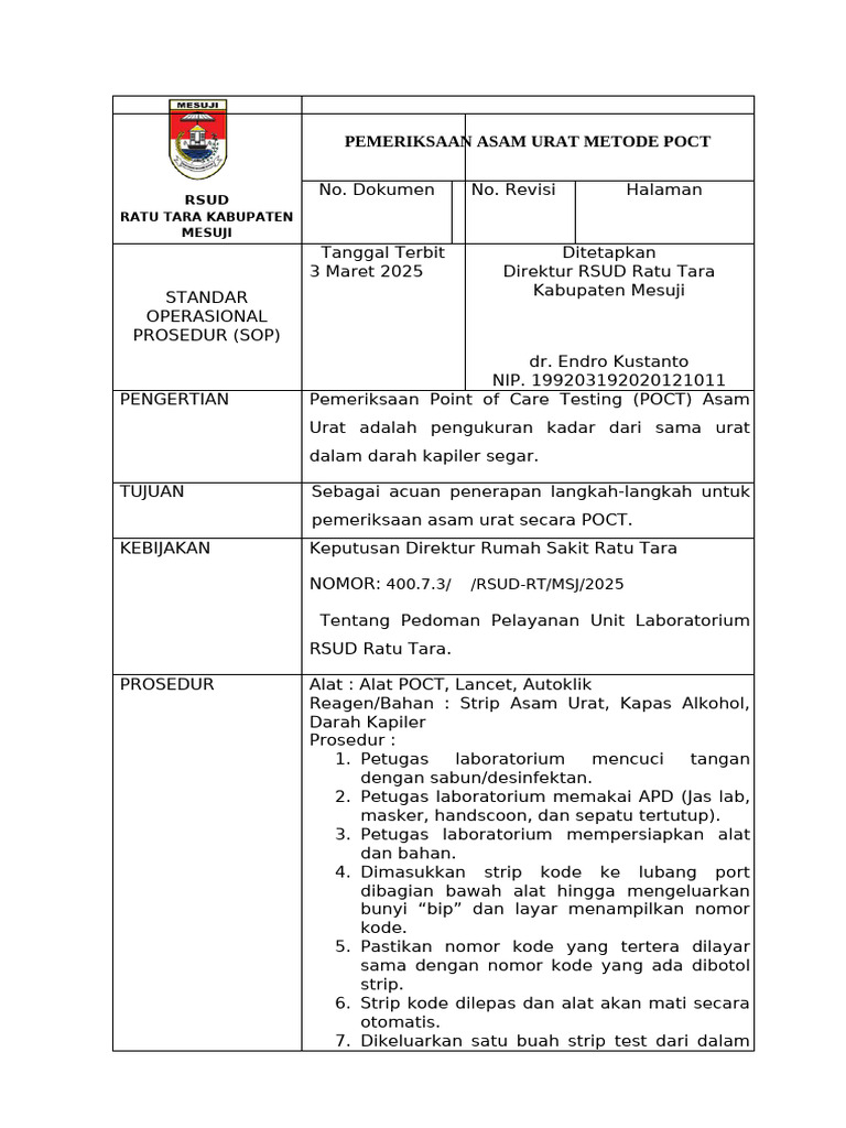 Sop Pemeriksaan Asam Urat Metode Poct | PDF