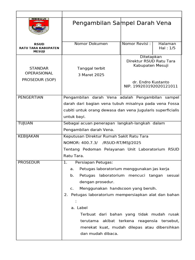 SOP Pengambilan Sampel Darah Vena | PDF
