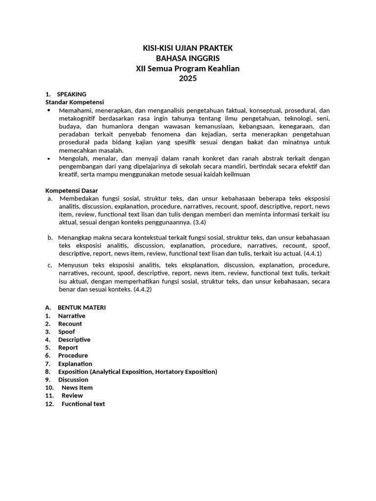 KISI - Ujian Praktek B.Ing 2025 | PDF | Snow White